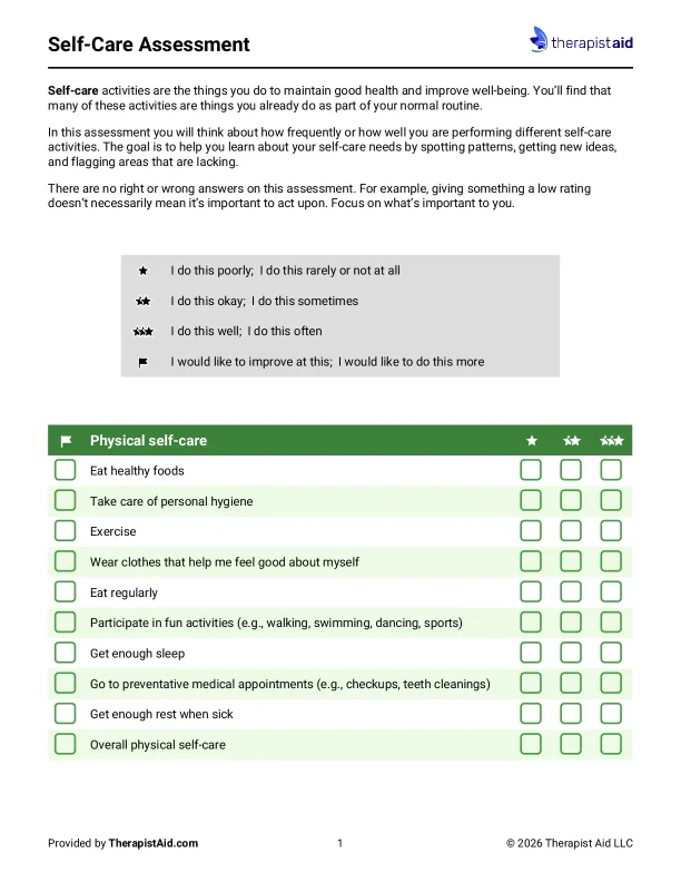 Selfcare Assessment Worksheet Therapist Aid